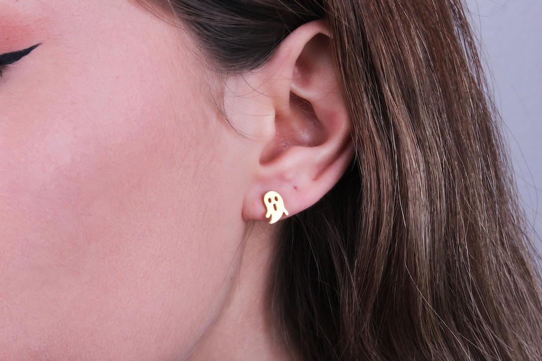Halloween Ghost Earrings, 14K Solid Gold Earrings, Handmade Ghost Stud ...