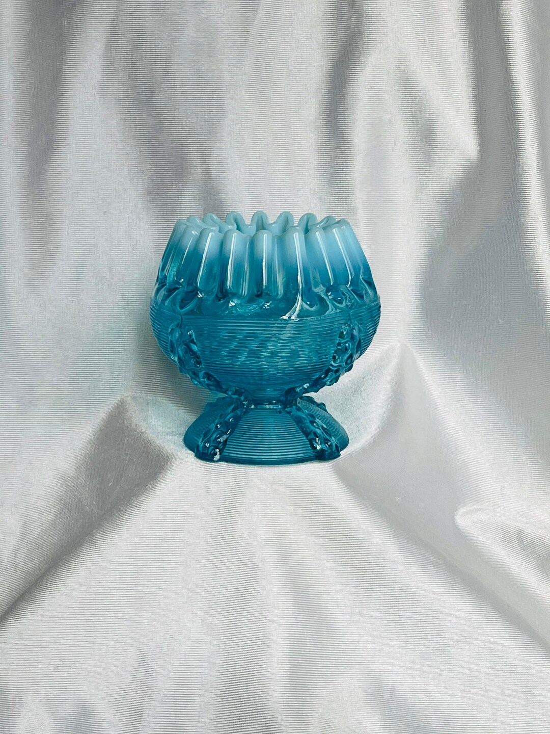 Northwood Blue Opalescent Button Panels Footed Rose Bowl - Etsy