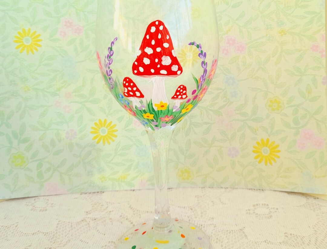 Hand Painted Fairy Toadstool & Flowers Floral Wine Glass Gift Home ...