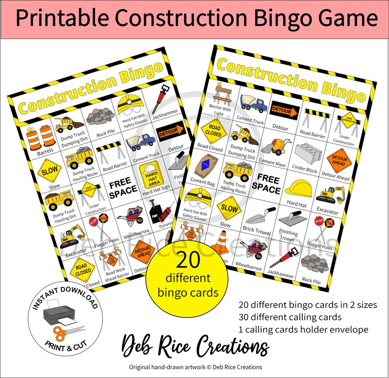 Construction Bingo Game - Kids Birthday Party Game, Great for Family ...