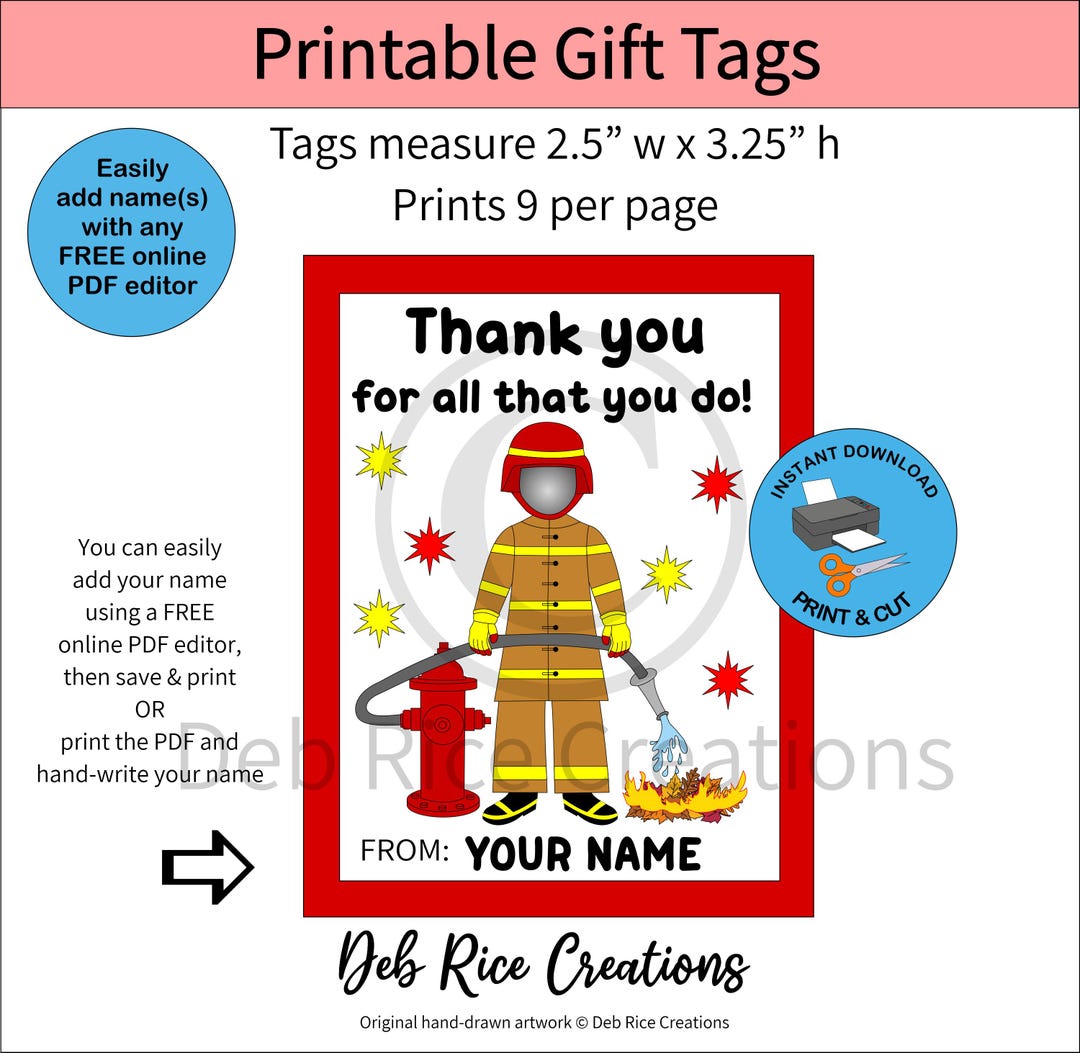 Firefighter Appreciation Gift Tags - Thank Firefighters for All They Do ...