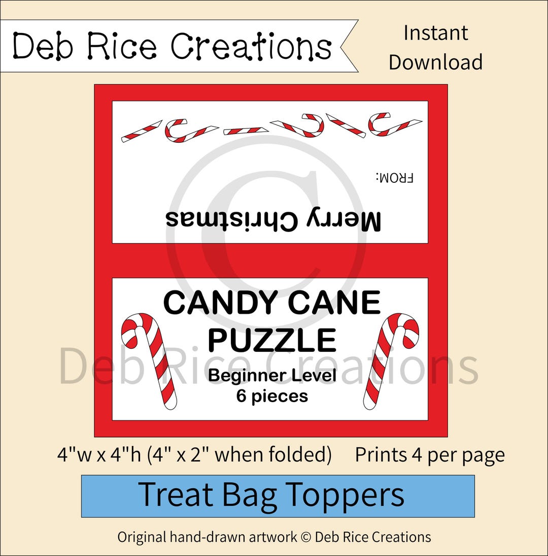 Candy Cane Puzzle Beginner Level 4x4 Printable Bag Toppers Candy Cane ...