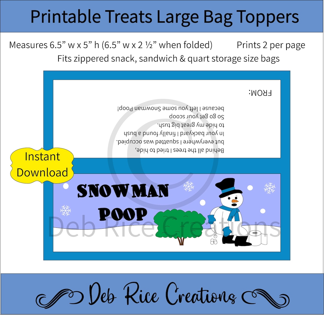 Snowman Poop Treats Printable Large Bag Toppers Gag Gift, Mini ...