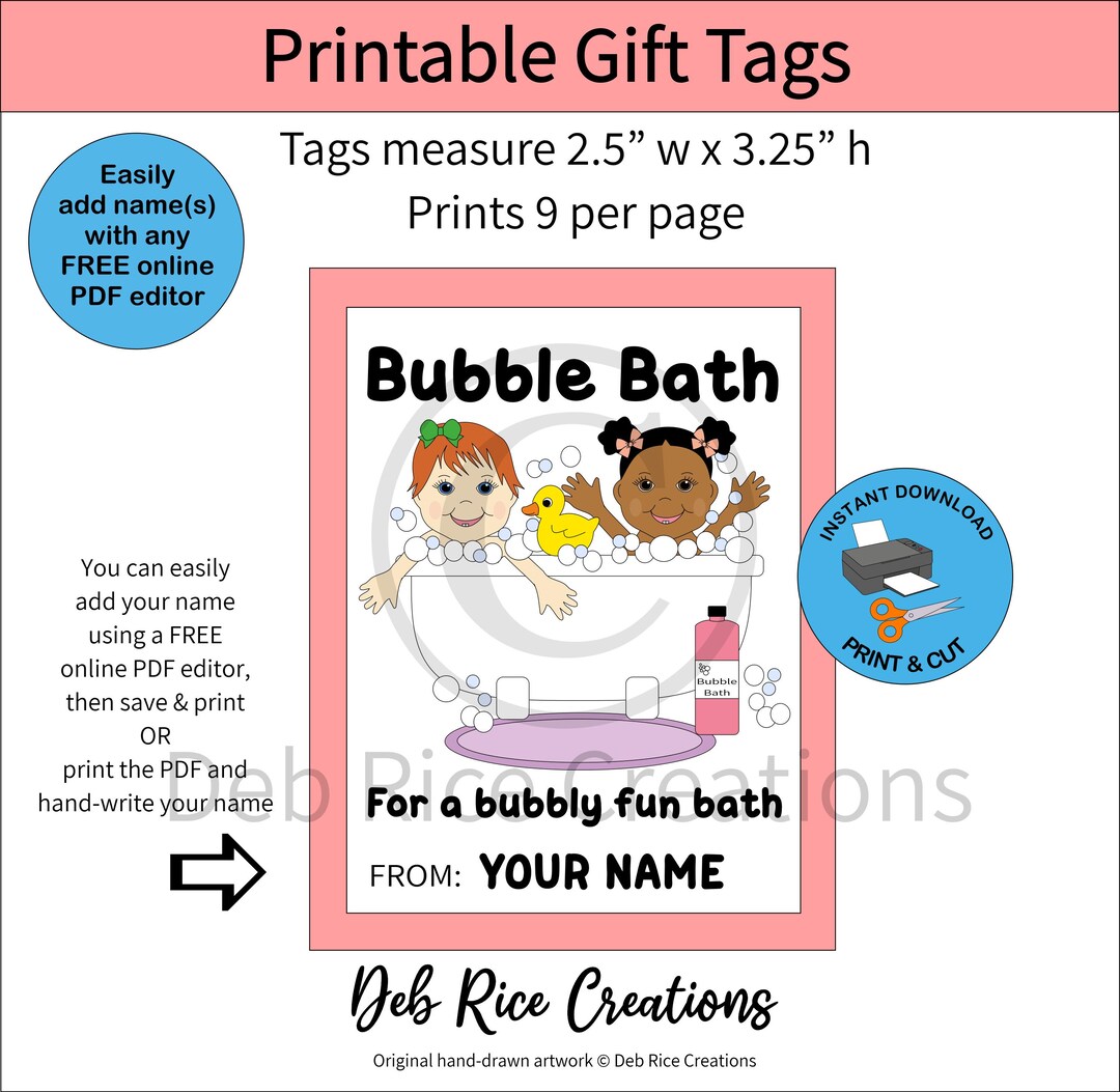 Bubble Bath Girls Gift Tags - Printable Soap Tags, Great for Bath Time ...