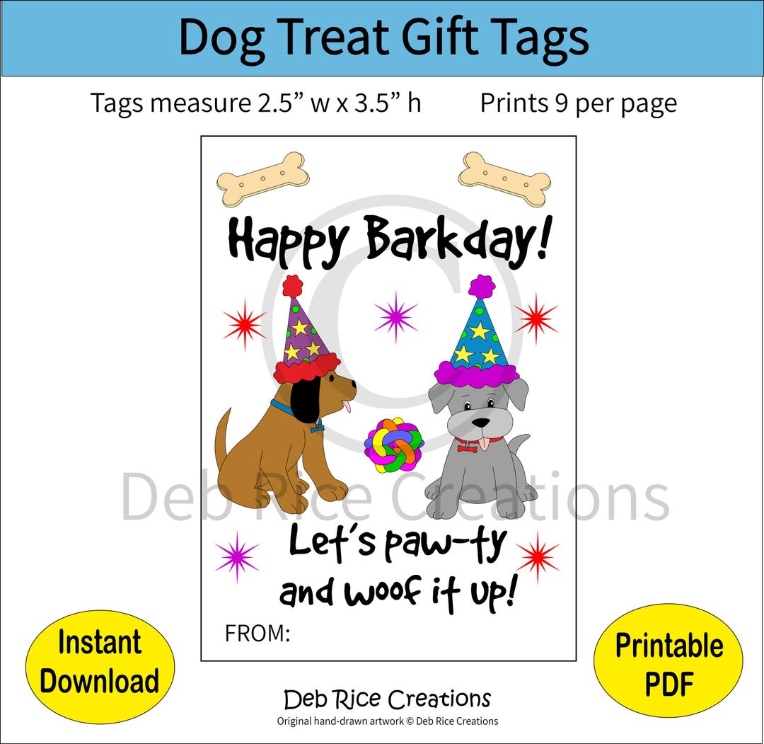 Happy Barkday Dog Treat Gift Tags - Doggie Pawty Treats, Dog Birthday ...
