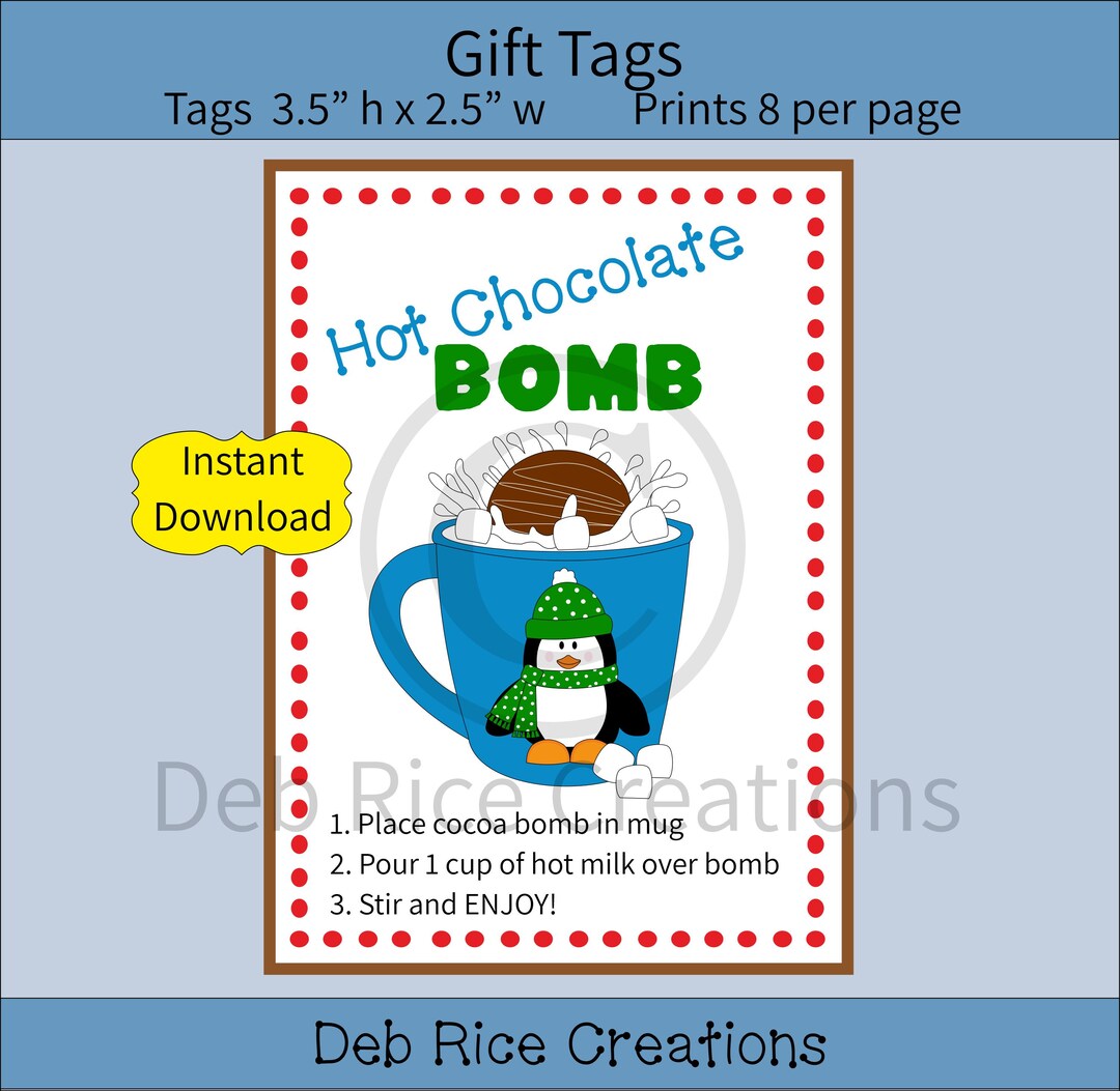 Hot Chocolate Bomb Printable Gift Tags Penguin Mug, Hot Cocoa Bomb Tags ...