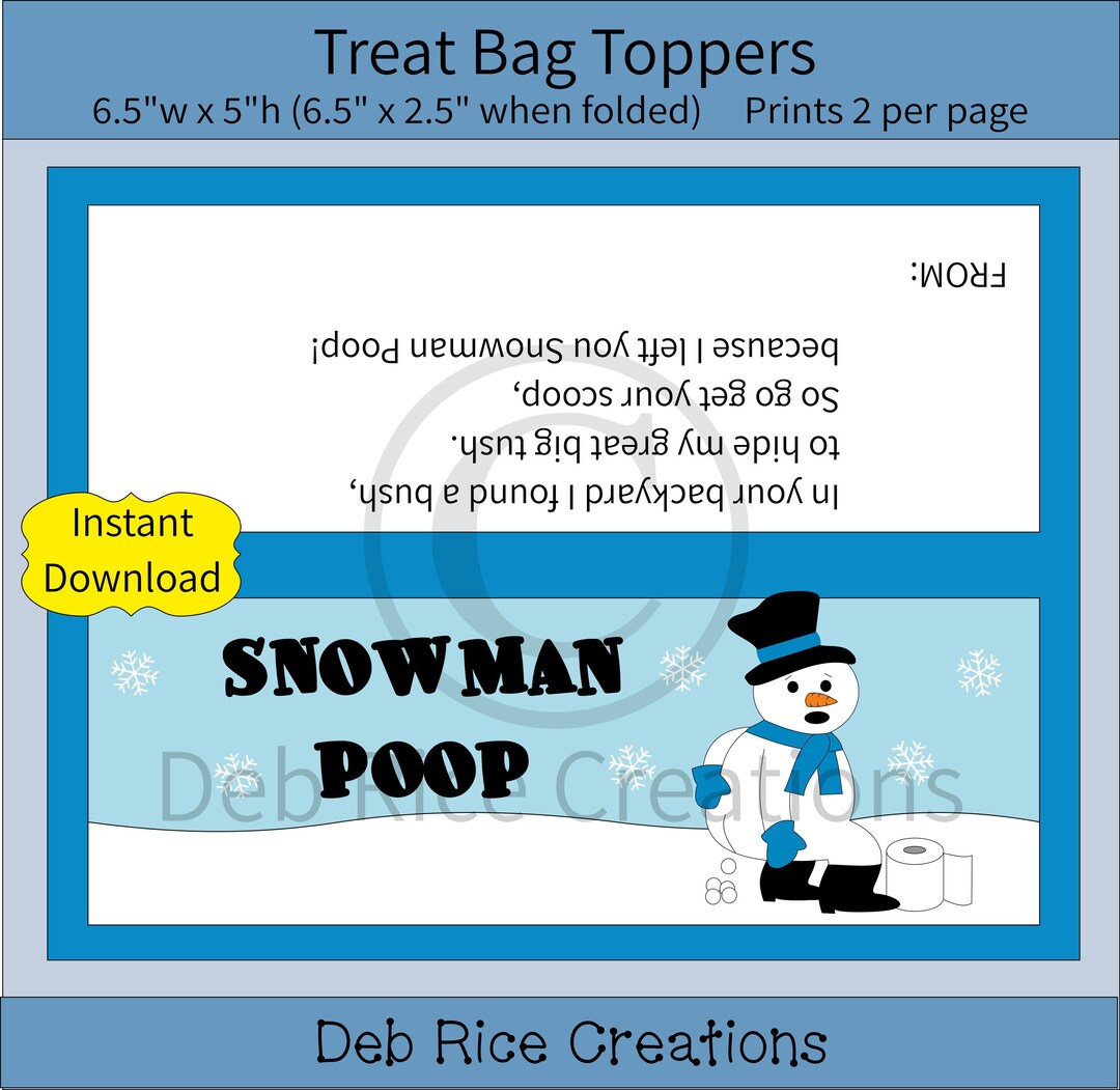 Snowman Poop Printable Bag Toppers Gag Gifts, Mini Marshmallow Treats ...