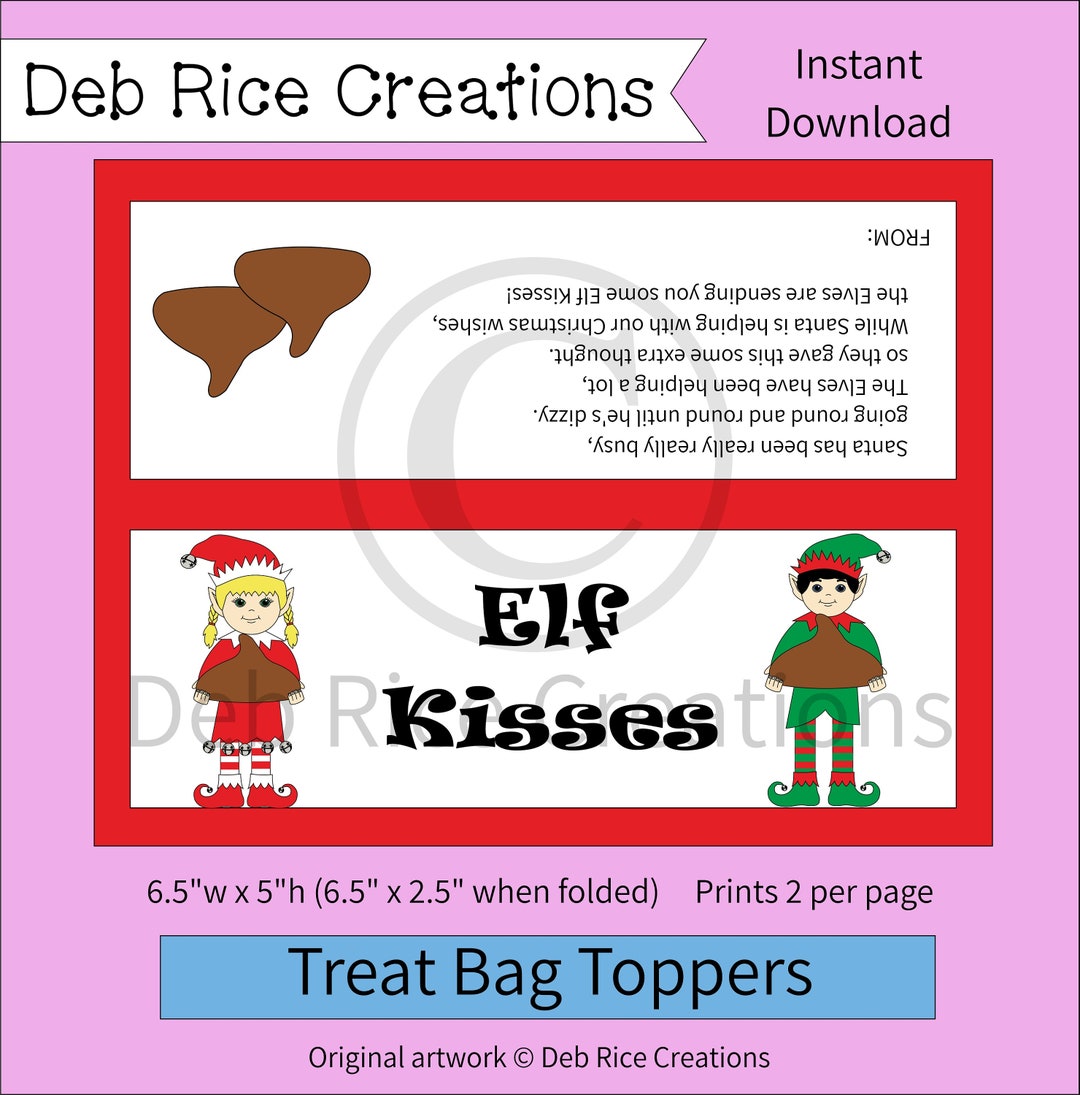 Elf Kisses White Elves Treat Bag Toppers Printable Christmas Bag ...