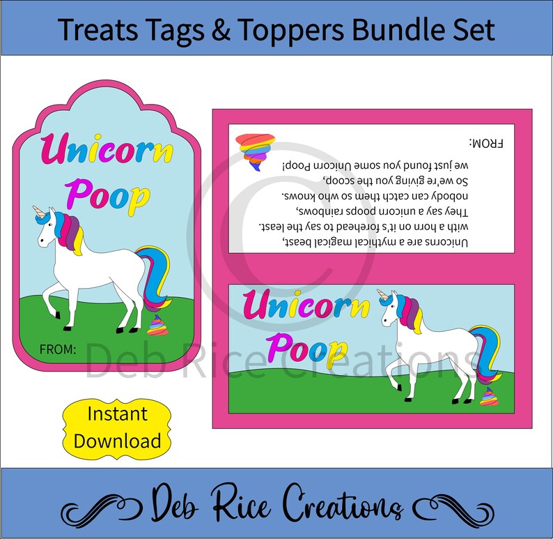 Unicorn Poop Printable Tags & Toppers Bundle Set Gag Gift Bag Toppers and Gift Tags for ...