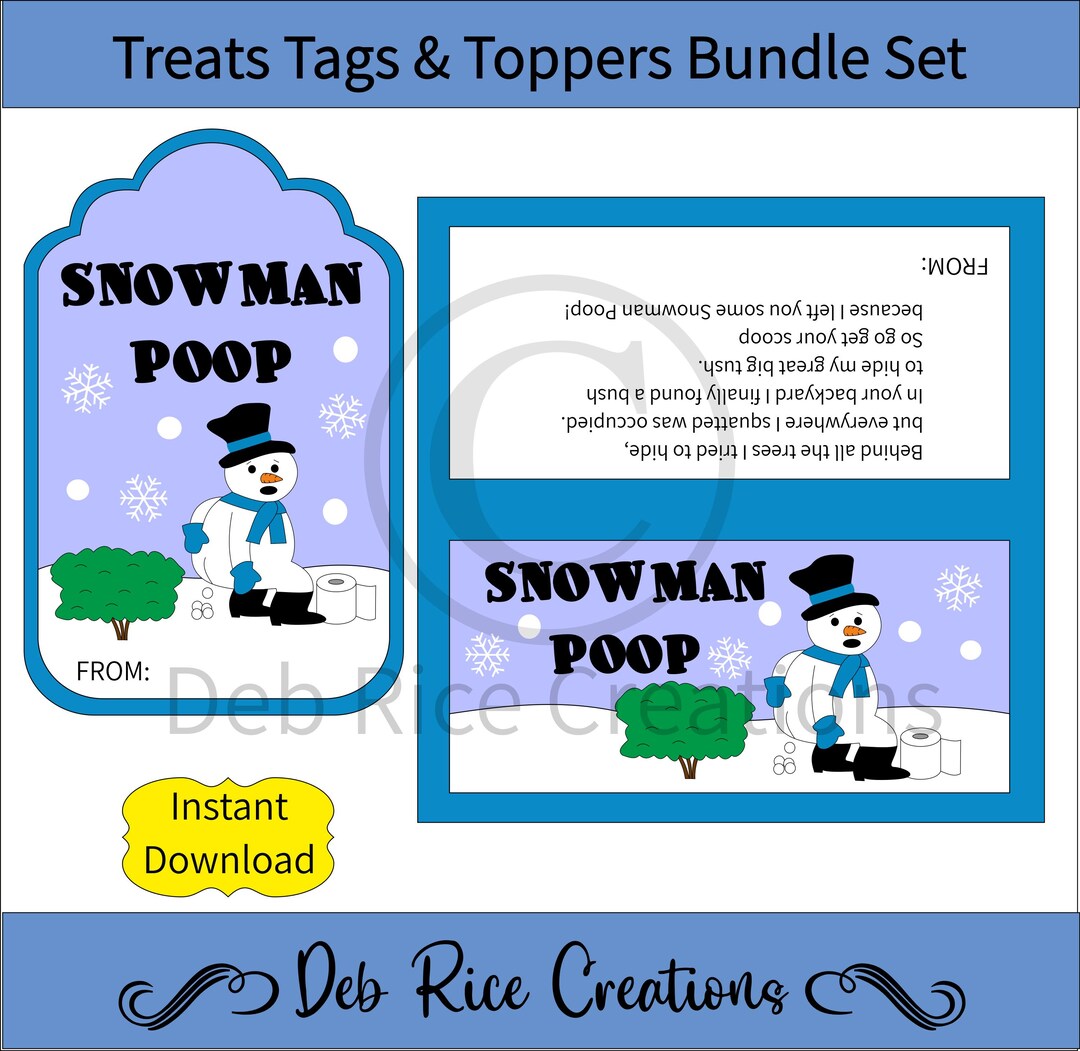 Snowman Poop Printable Tags & Toppers Bundle Set Gag Gift Bag Toppers and Gift Tags for ...
