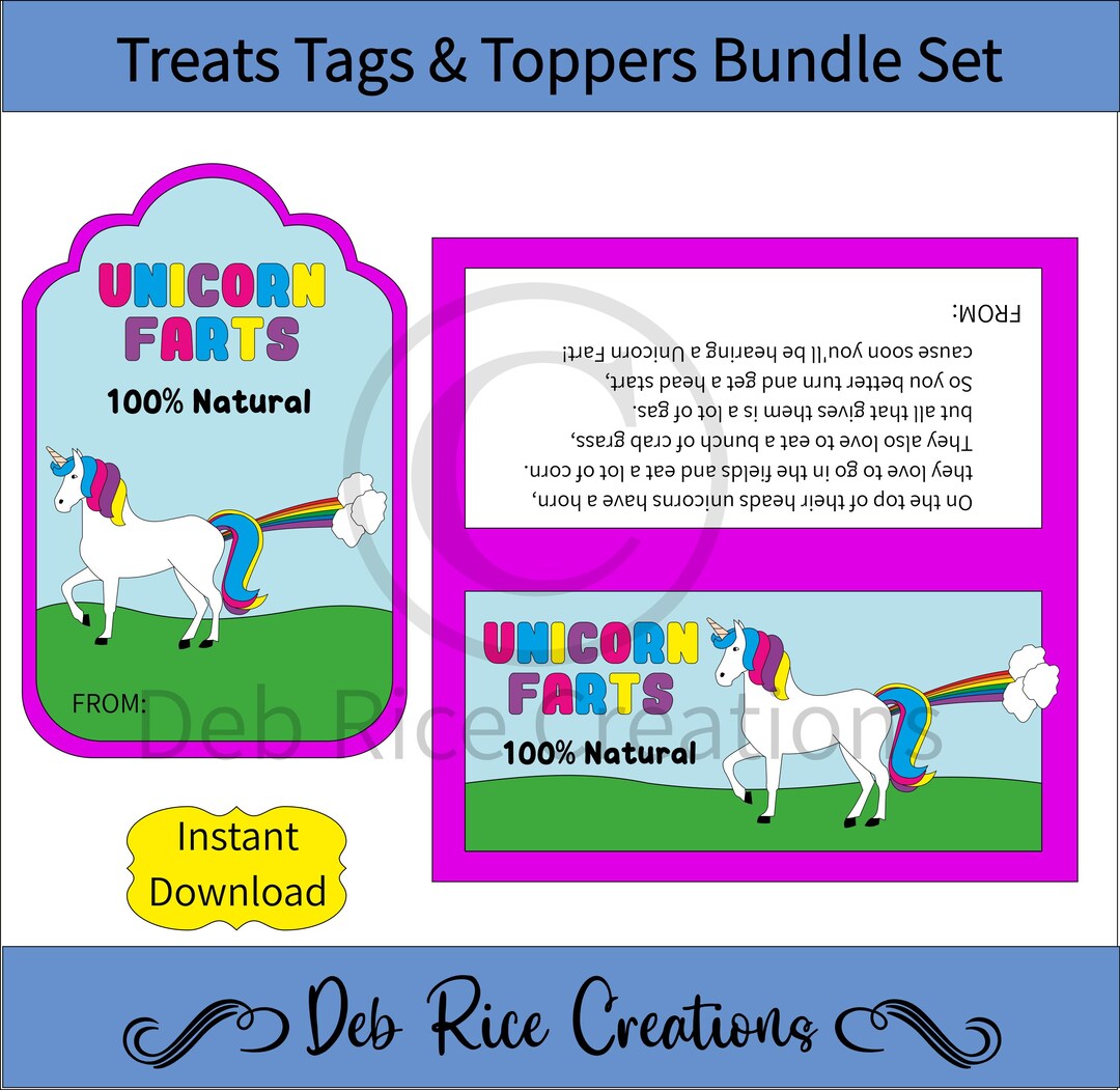 Unicorn Farts Printable Tags & Toppers Bundle Set Gag Gift Bag Toppers and Gift Tags for ...