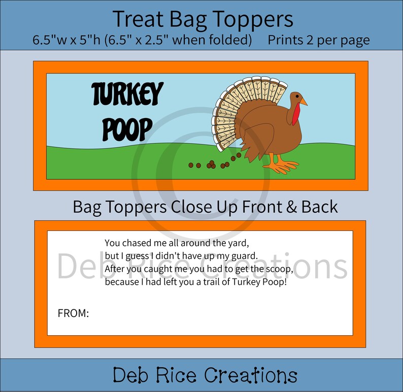 Turkey Poop Printable Bag Toppers Gag Gifts, Classroom Treats ...