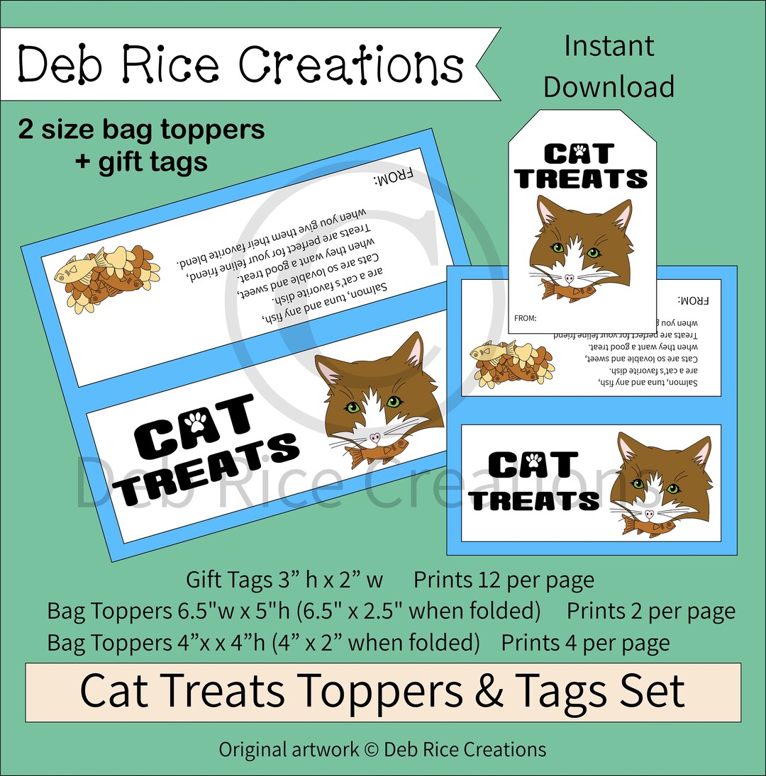 Cat Treats Toppers and Tags Set Printable Cat Treat Bag Toppers and ...