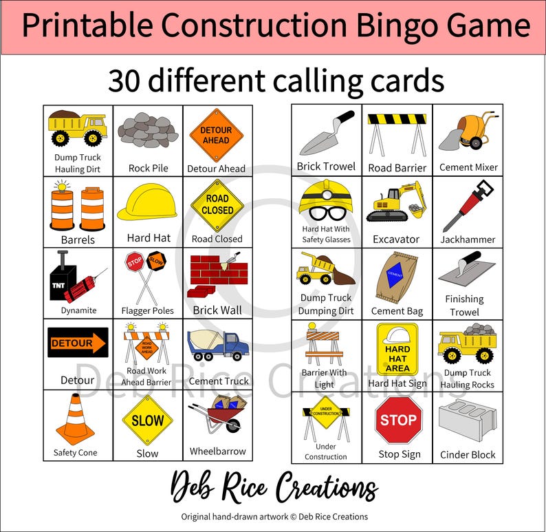 Construction Bingo Game - Kids Birthday Party Game, Great for Family ...