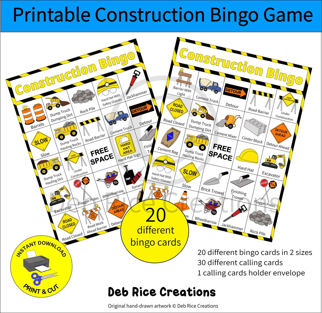 Construction Bingo Game - Kids Birthday Party, Family Fun, PDF ...