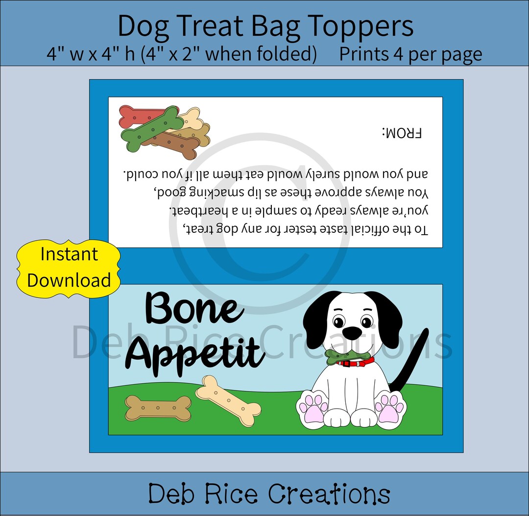 Bone Appetit Printable Dog Treat Bag Toppers Treats for Dogs, Dog ...