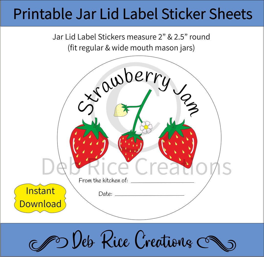 Strawberry Jam Printable Jar Lid Labels Sticker Sheets - Mason Jar ...