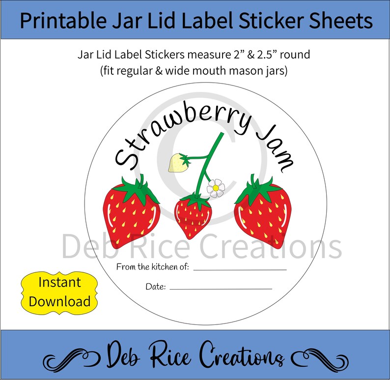 Strawberry Jam Printable Jar Lid Labels Sticker Sheets - Mason Jar ...