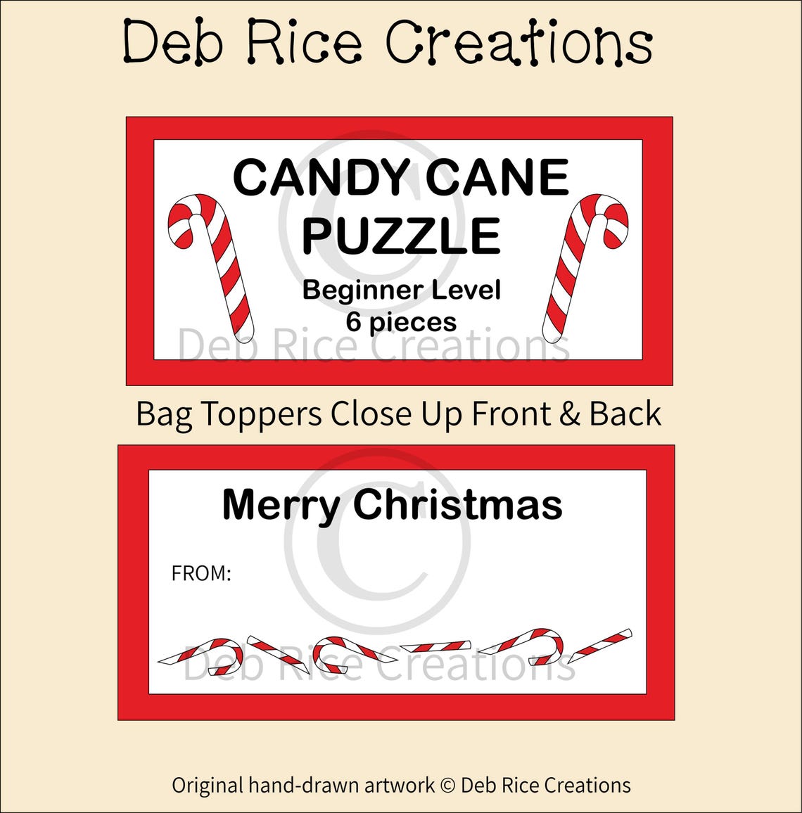 Candy Cane Puzzle Beginner Level 4x4 Printable Bag Toppers Candy Cane ...