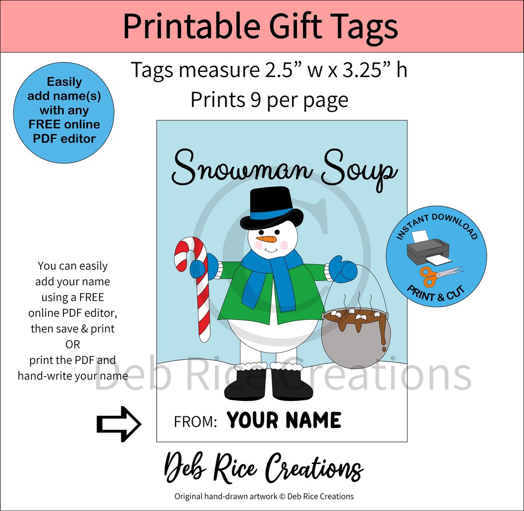 Snowman Soup Gift Tags - Printable Tags for Hot Chocolate Lovers - Etsy