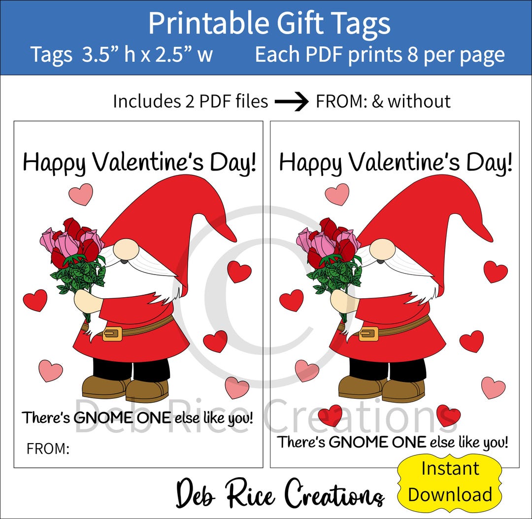 Happy Valentine's Day Gnome Printable Gift Tags Valentine Gift Tags ...