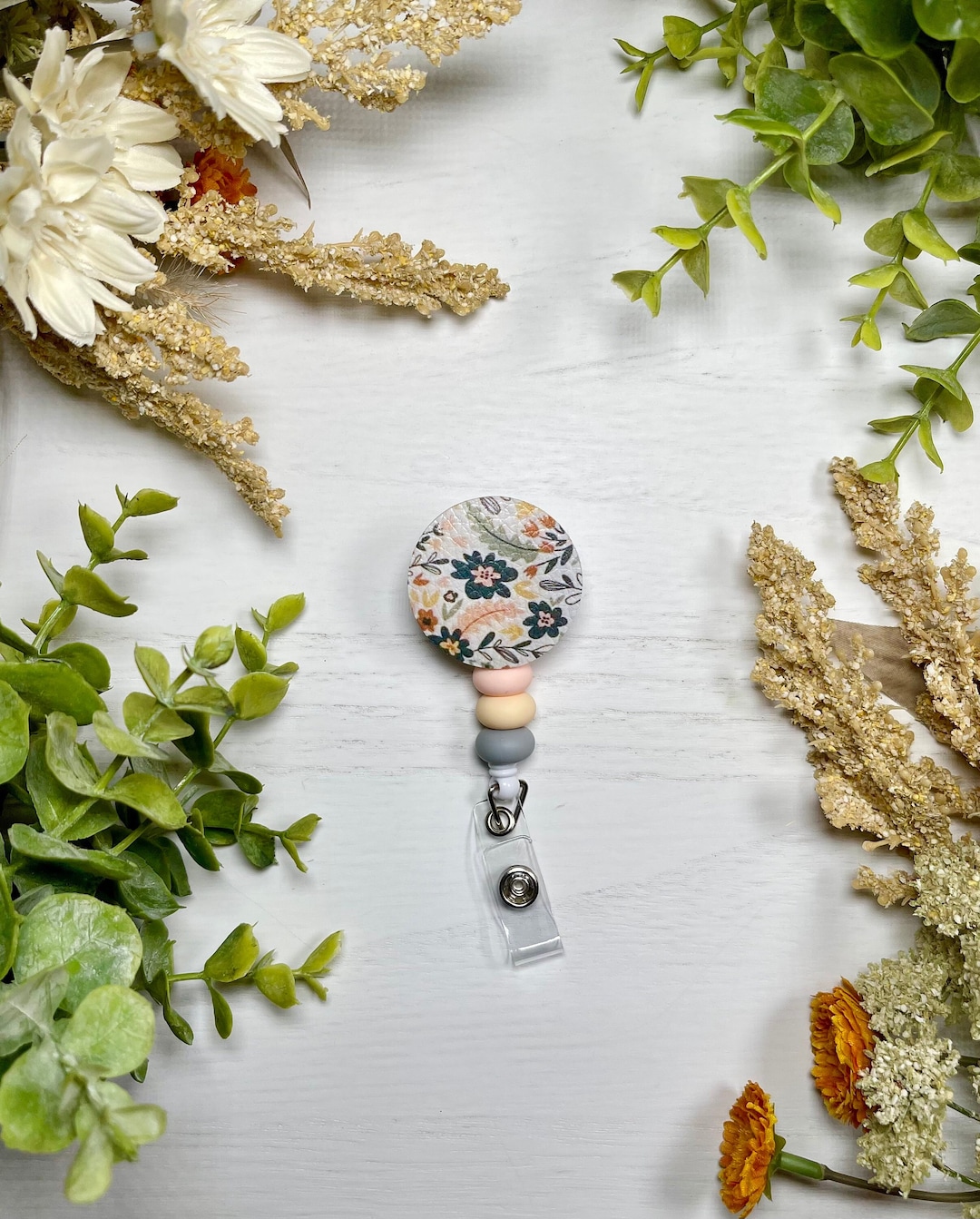Genuine Leather Flower Badge Reel, Beaded Floral Badge Reel, ID Holder ...