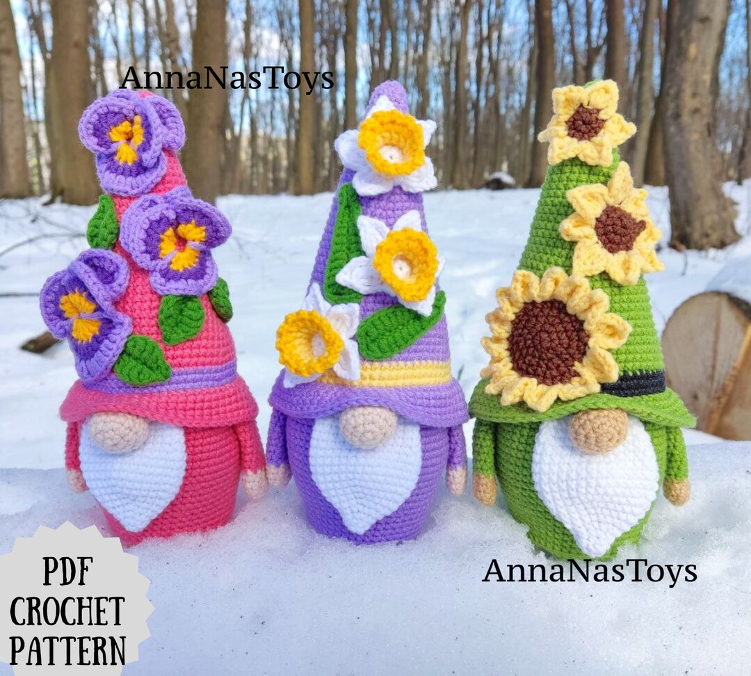 Spring Gnomes, Gnome Pansies, Narcissus and Sunflower Pattern, Crochet ...