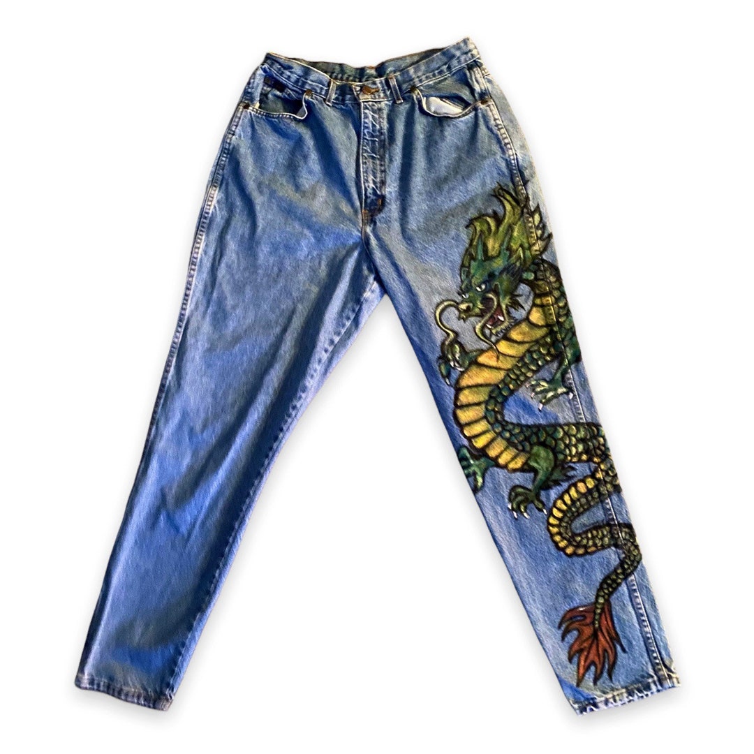 Hand Painted High Waist Tattoo Style Dragon Vintage Denim Jeans - Etsy
