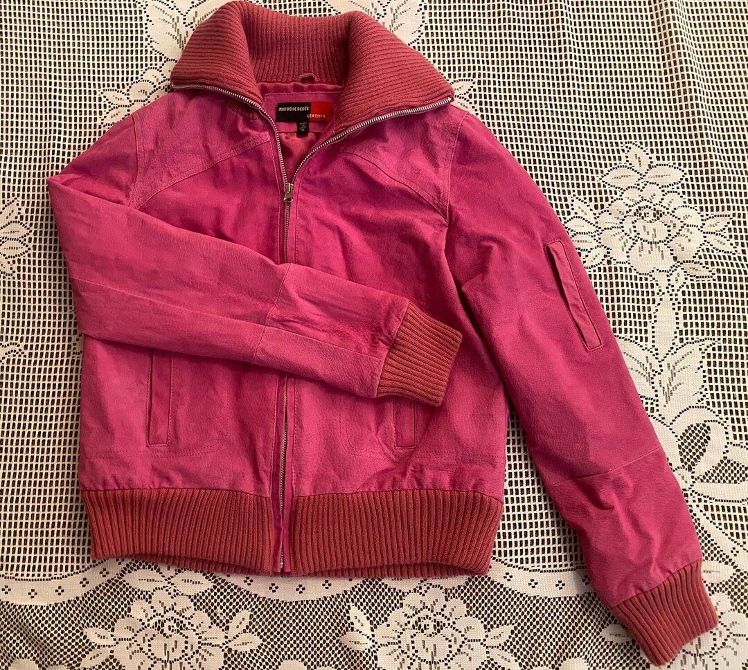 Vintage 80s/90s Vivid Pink 100% Genuine Leather Suede Bomber Style ...