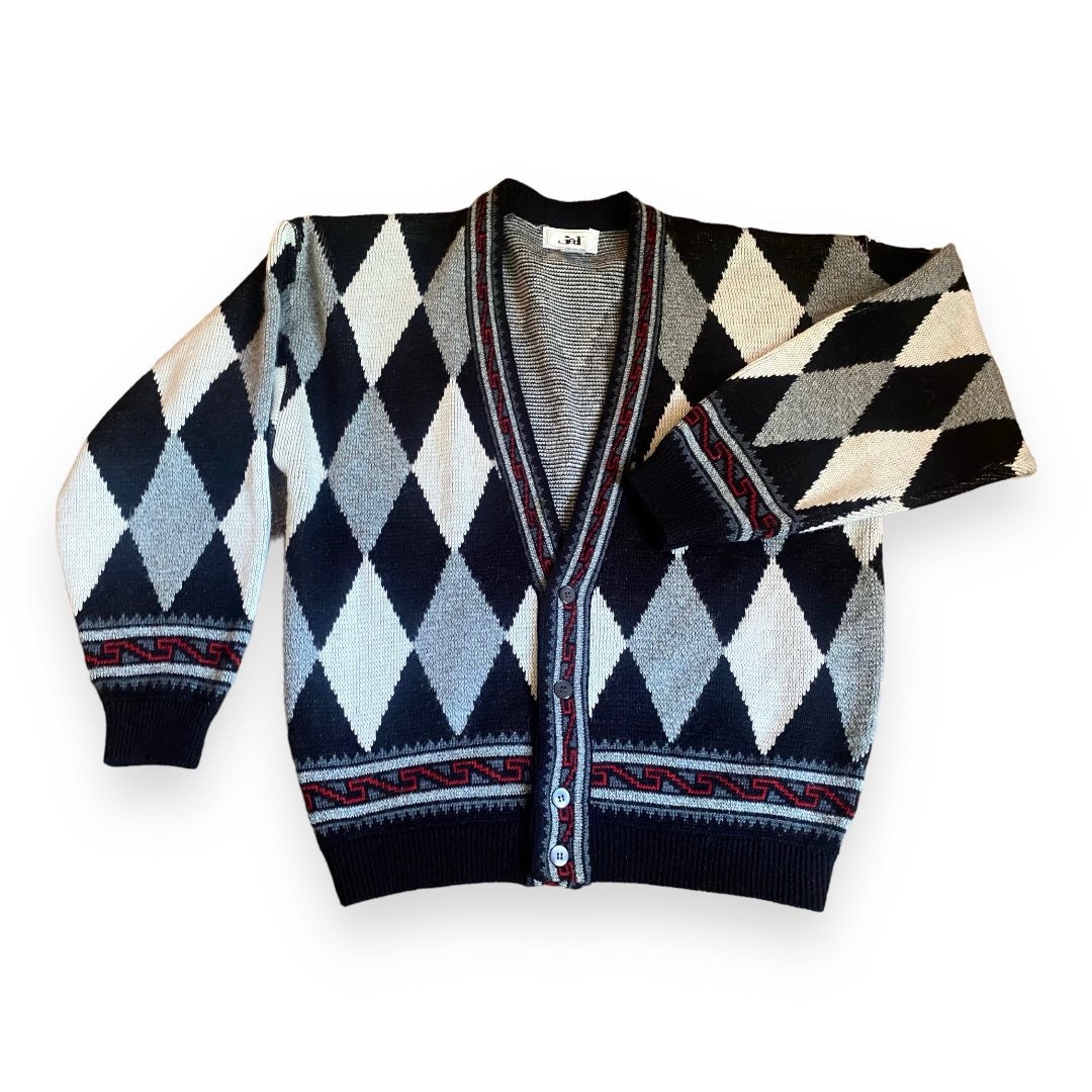 Vintage Argyle Greek Key Buttoned Cardigan Sweater Acrylic and Wool ...