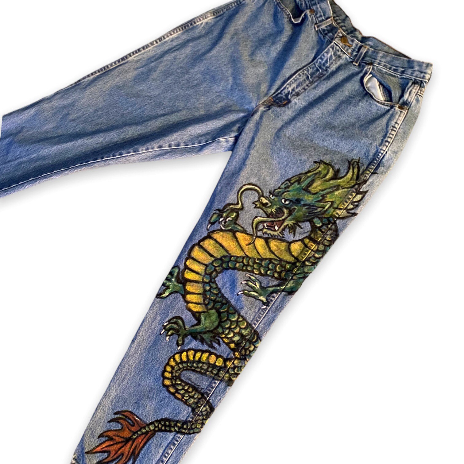 Hand Painted High Waist Tattoo Style Dragon Vintage Denim Jeans - Etsy