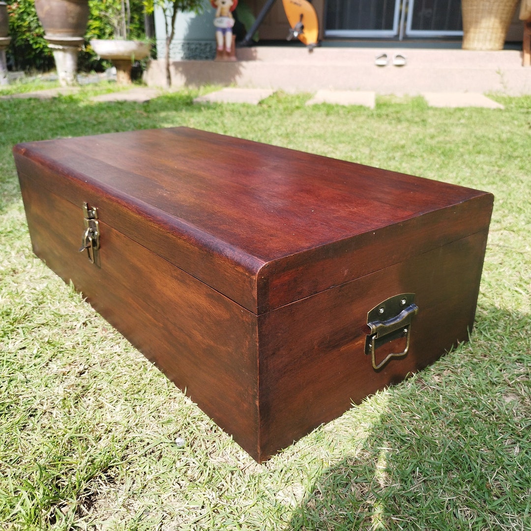 Antique Wooden Storage Box 27.5" & Key Lock Large Memory Boxes Secret Treasures Keepsakes ...