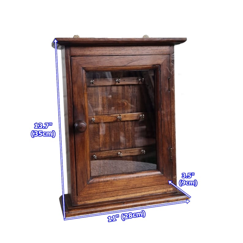 Key Box Holder Wall Cabinet Teak Key Wooden Wall Mounted 1 Door 9 Hooks ...