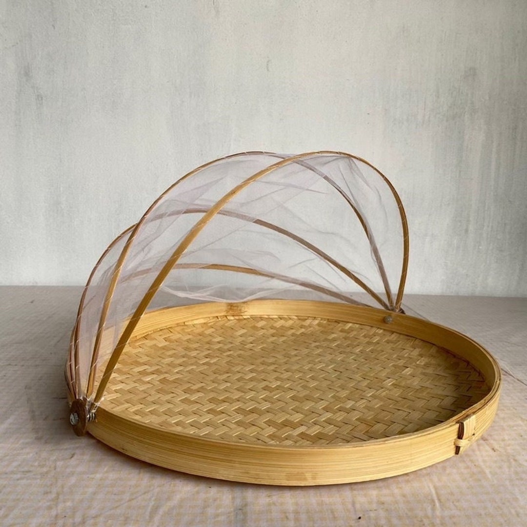 Bamboo Food Tray [V2] With Mesh Net Cover Food Basket Fruit Tray ...