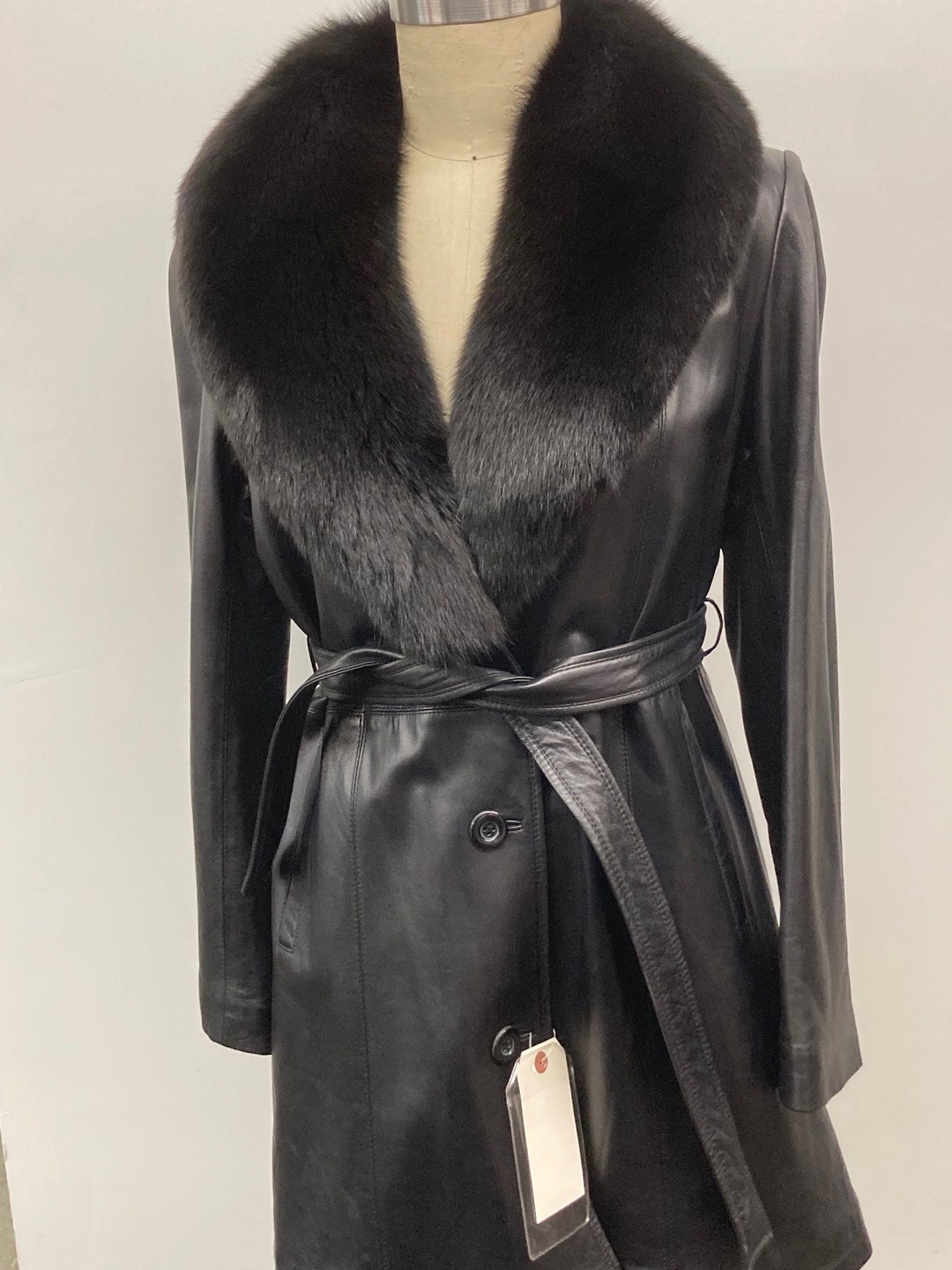 Belted Black Leather Jacket With Black Fox Trimmed Collar - Etsy