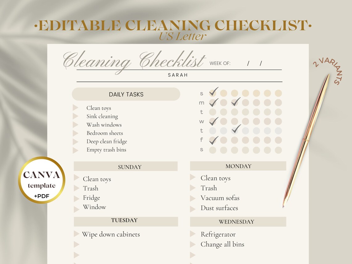 Editable Cleaning Checklist Template, Canva Template, Daily Weekly ...
