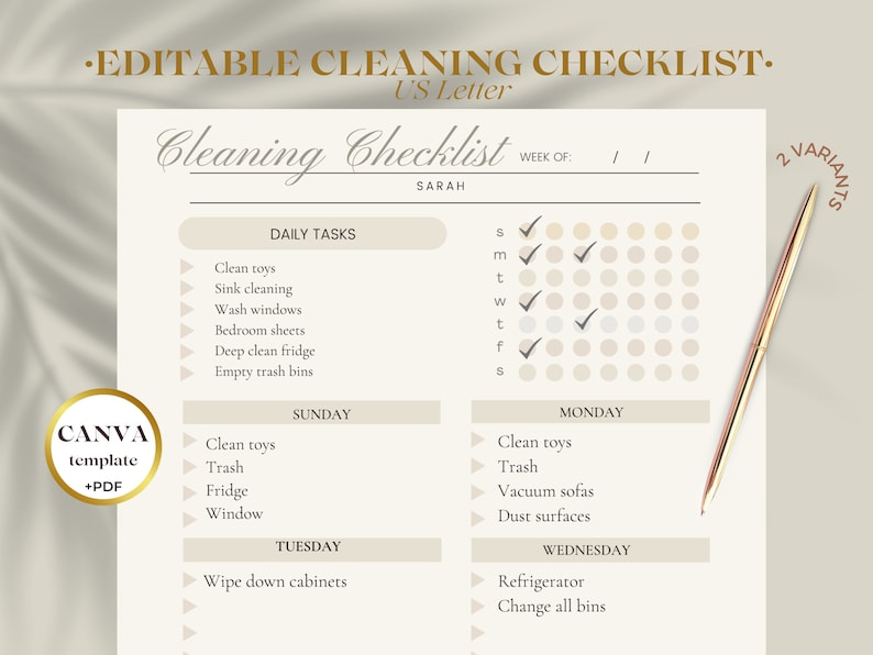 Editable Cleaning Checklist Template, Canva Template, Daily Weekly ...