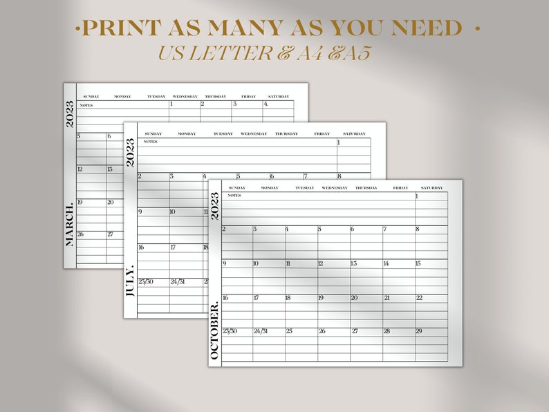2023 Lined Monthly Calendars, Landscape, 8.5x11, A4, A5, Sunday Start ...