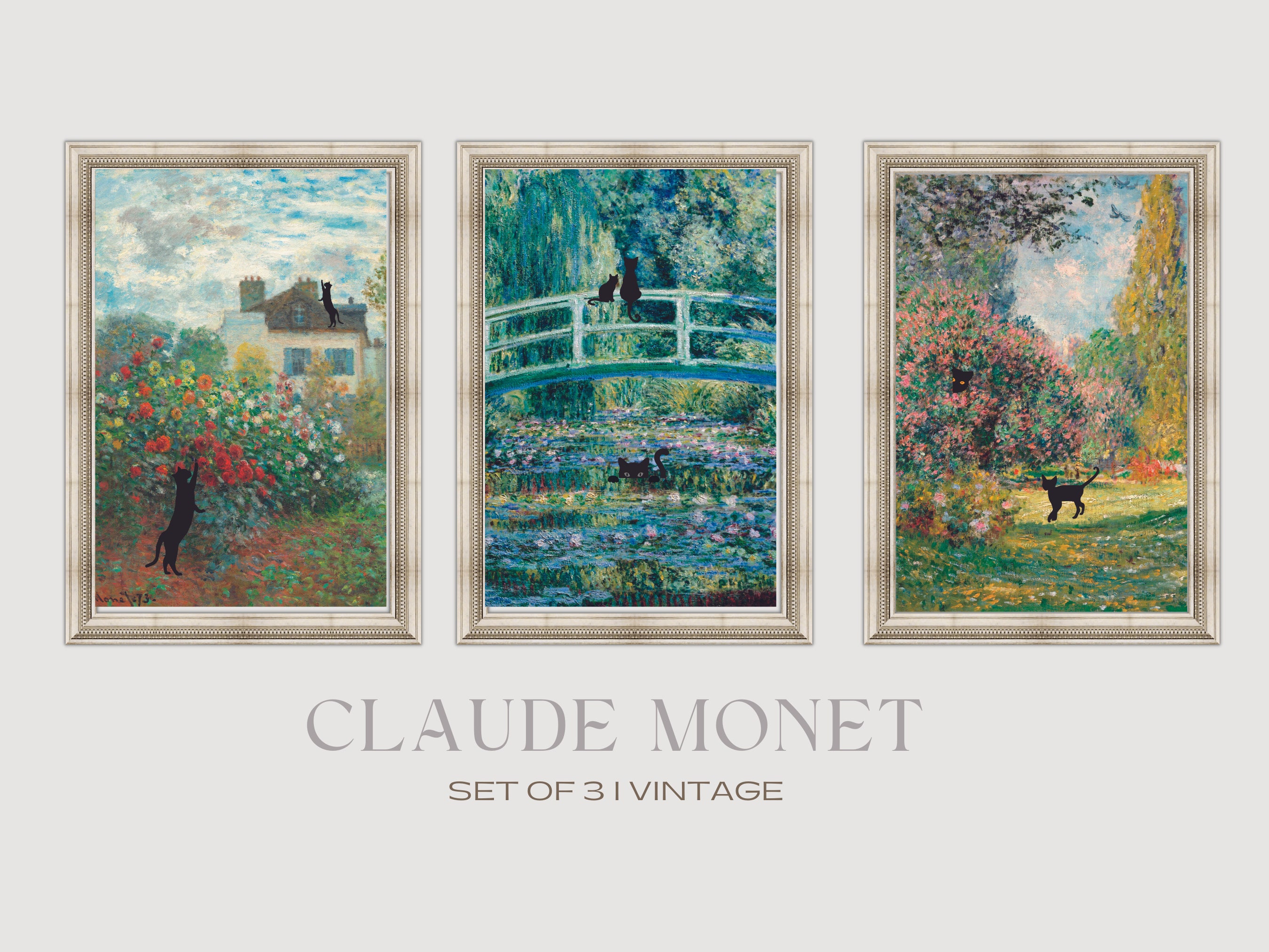 Claude Monet Cat Print Set of 3 Cute Black Cat Art Floral - Etsy