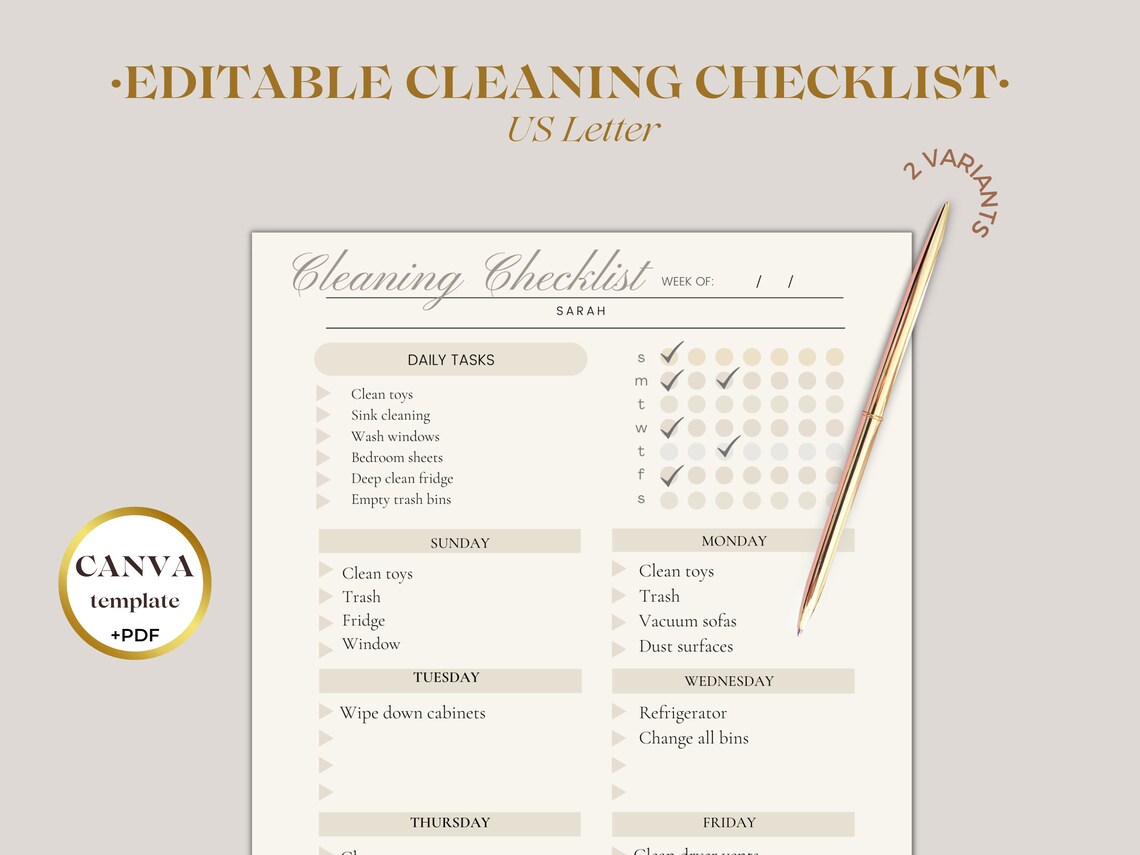 Editable Cleaning Checklist Template Canva Template Daily - Etsy