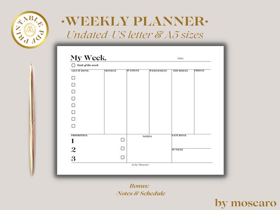 Minimalist Weekly Undated Planner Landscape Printable PDF - Etsy