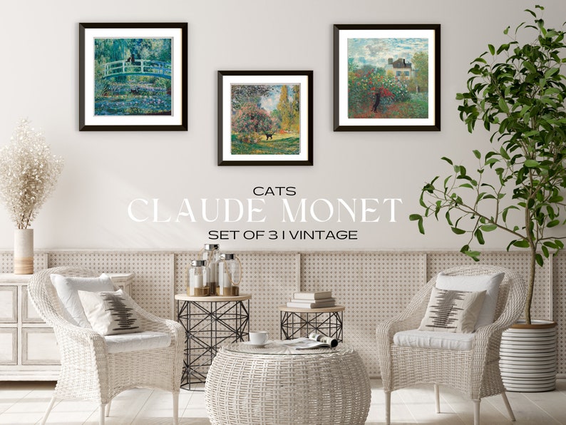 Claude Monet Cat Print Set of 3 Cute Black Cat Art Floral - Etsy