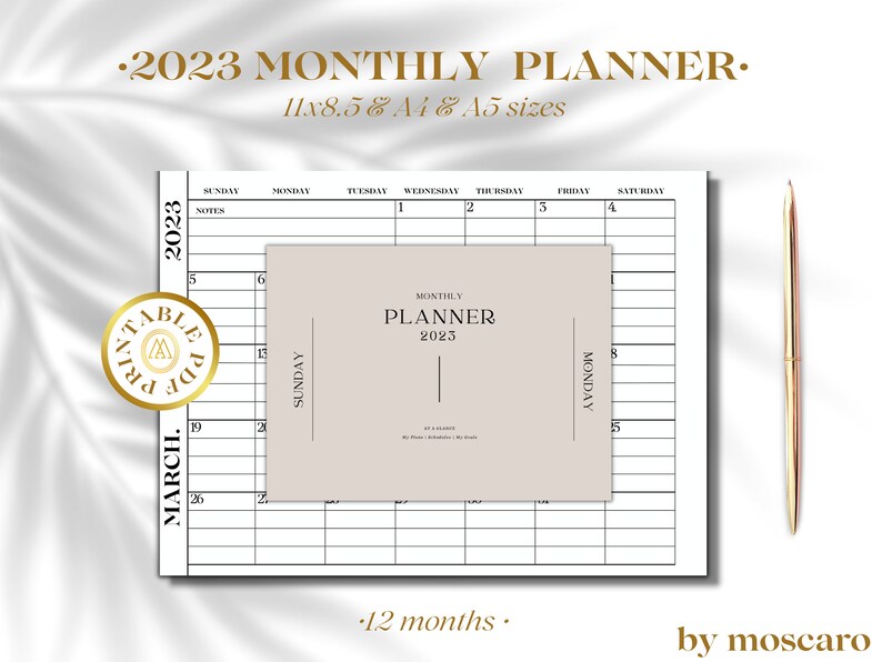 2023 Lined Monthly Calendars, Landscape, 8.5x11, A4, A5, Sunday Start ...
