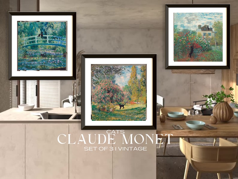 Claude Monet Cat Print Set of 3 Cute Black Cat Art Floral - Etsy