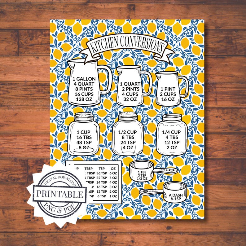 Kitchen Conversion Chart Printable 8.5x11 Binder Page and 11x14 Wall ...