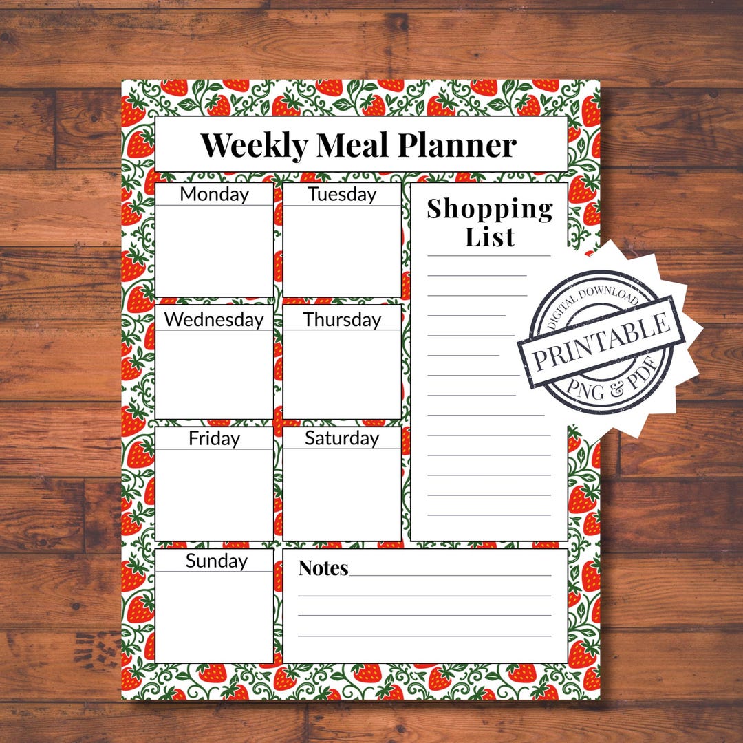 Weekly Meal Planner Printable • Strawberry Kitchen Planner • Rustic ...