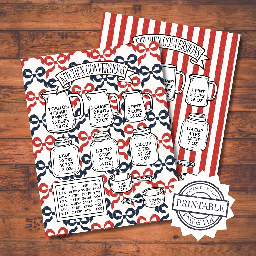 Kitchen Conversion Chart Printable | Americana Folk Art Bow Quilt Cooking Guide | 8.5x11 Recipe ...