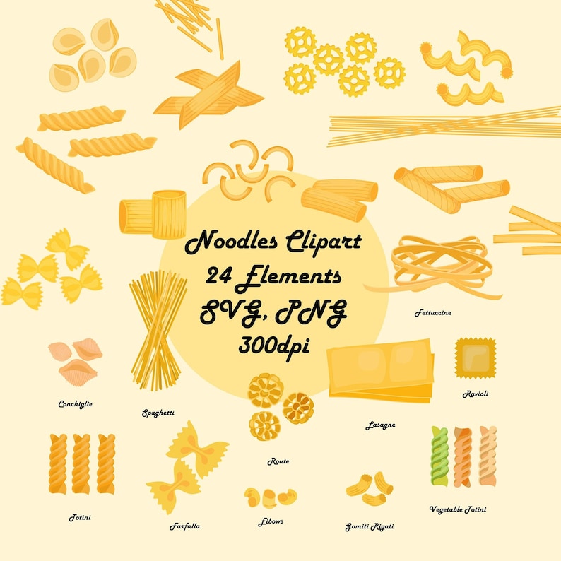 Pasta Clipart 24 Elements SVG, PNG Pasta Graphics Farfalle Macaroni ...