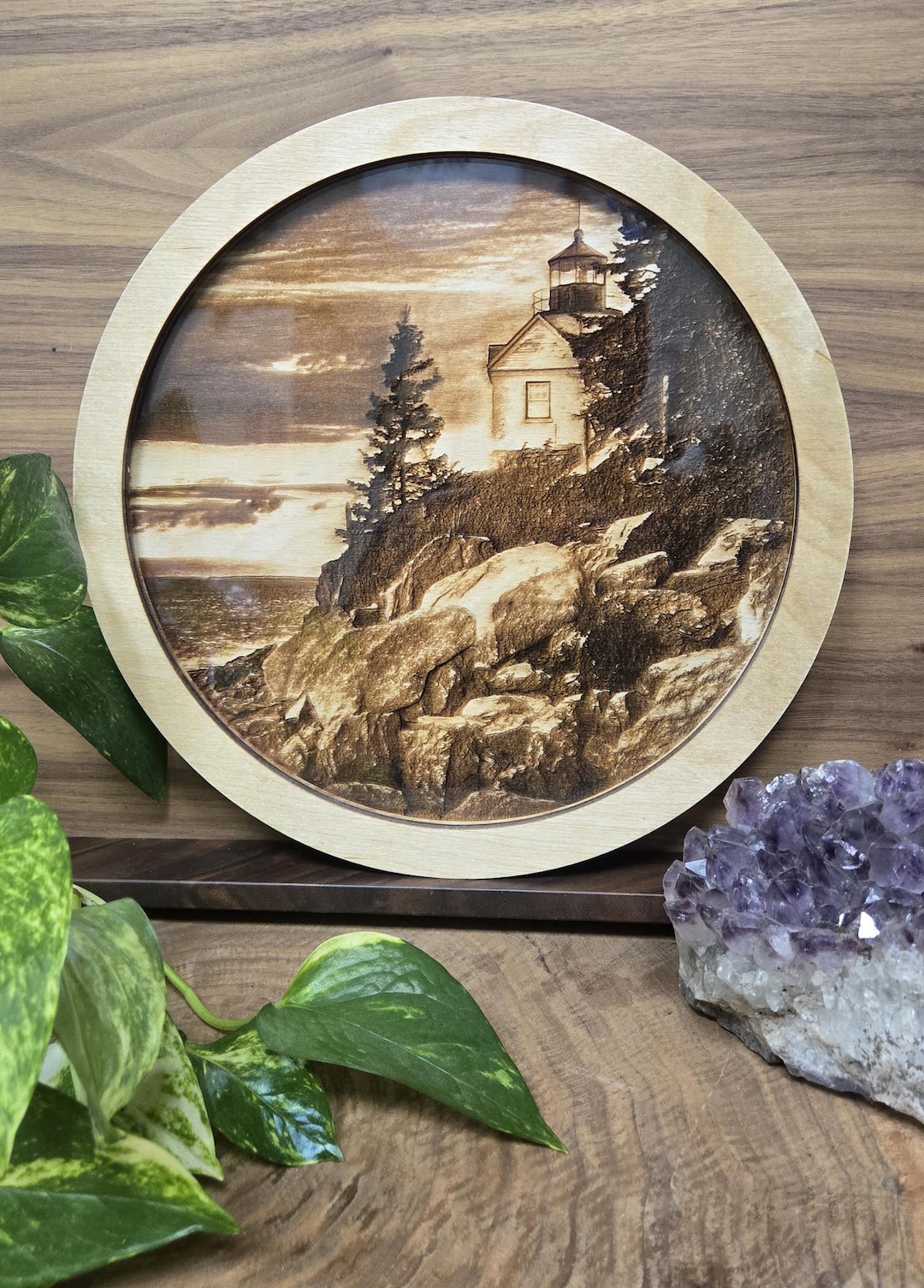 Lighthouse on Cliffside, Wooden Etching With Acrylic Viewing Window ...