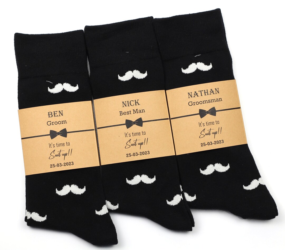 Groomsmen Socks, Wedding Socks Gift Set, Black & White Socks, Mustache Socks, Men Dress Socks ...